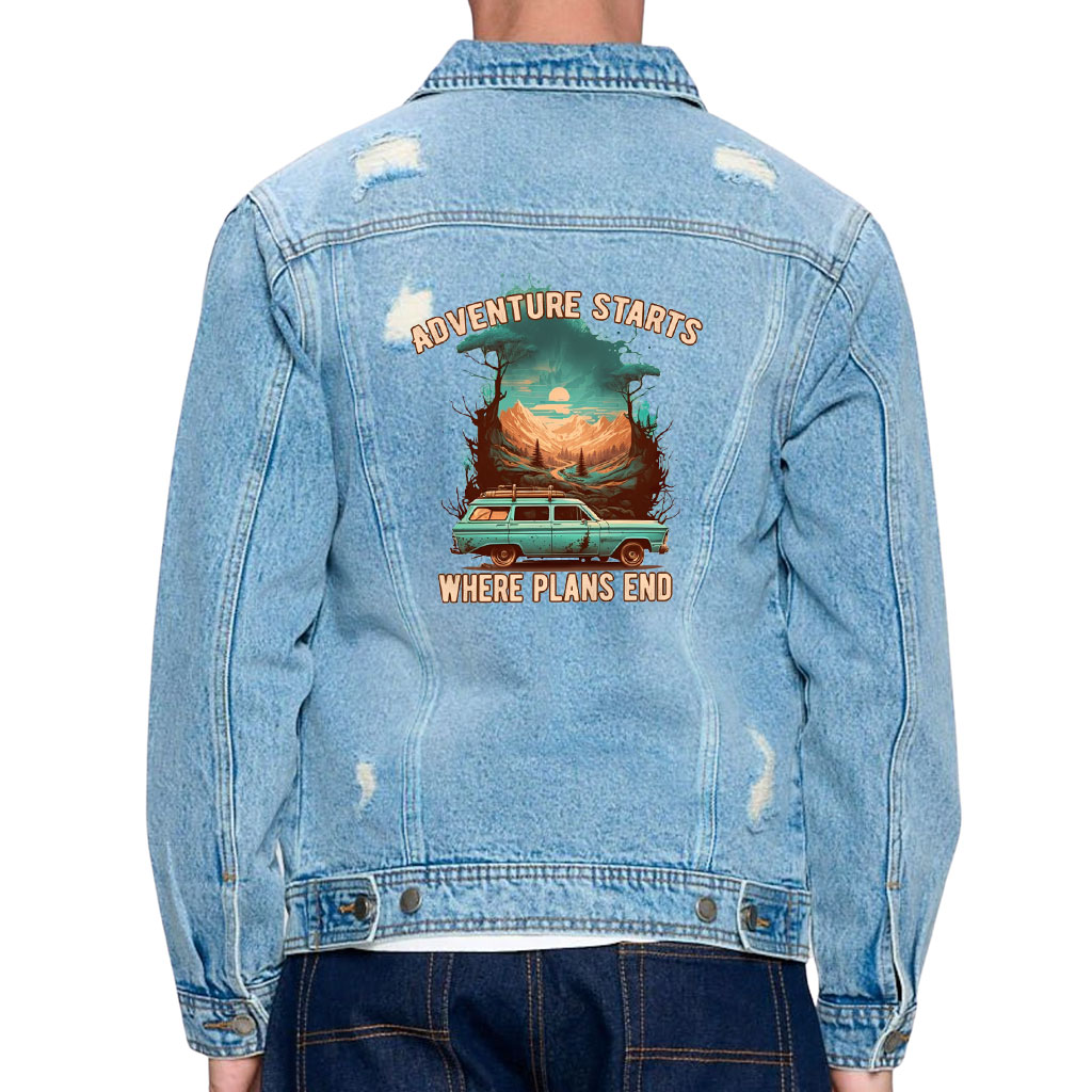 Buy Men’s Distressed Denim Jacket – "Adventure Starts" – Sunset Print ...