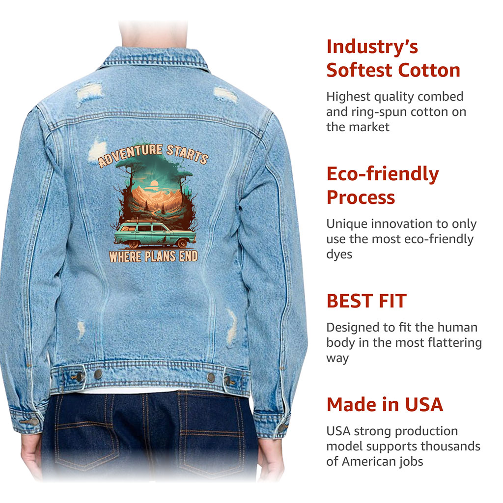 Buy Men’s Distressed Denim Jacket – "Adventure Starts" – Sunset Print ...